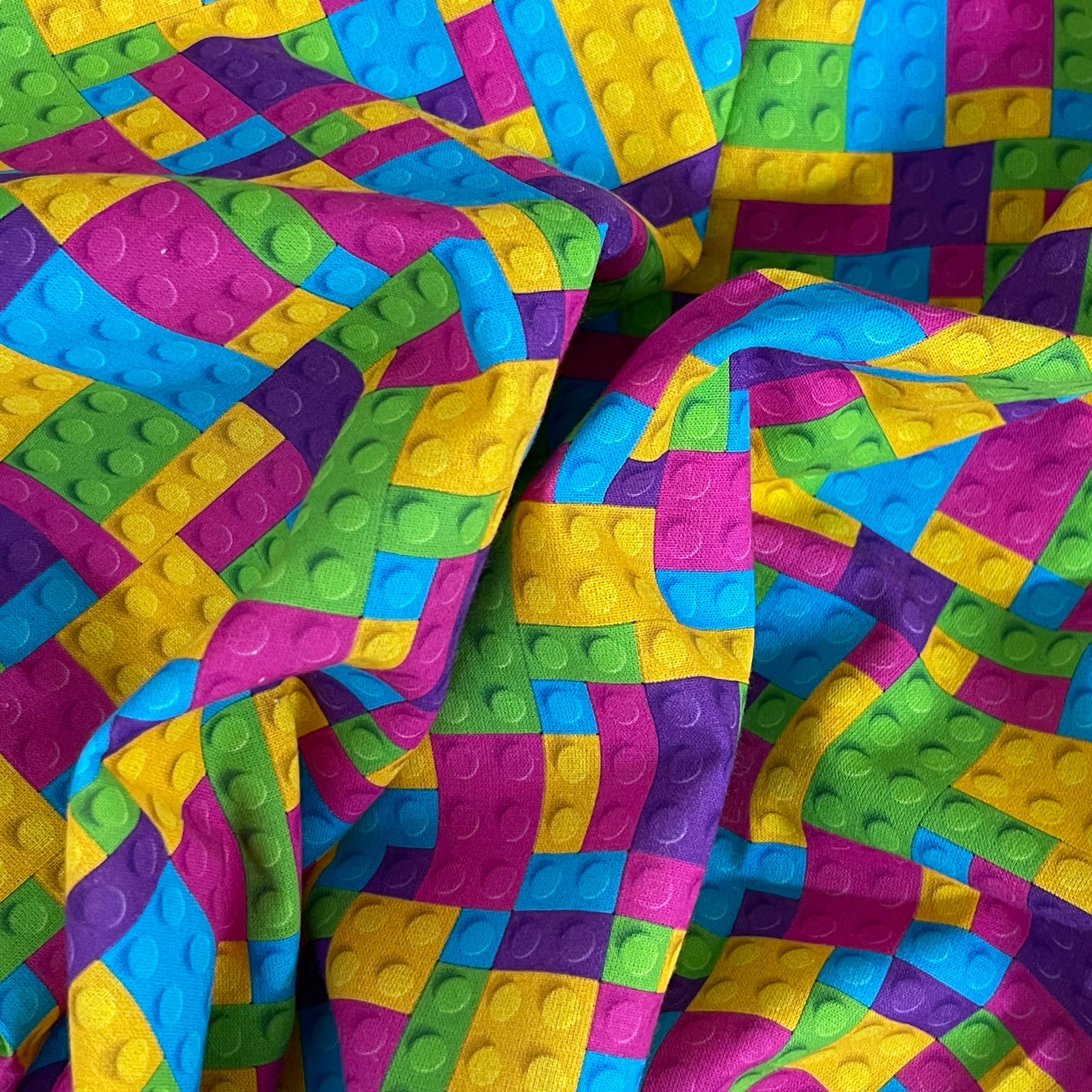 Lego Brick Blocks 100% Cotton Craft Quilting Fabric 140cm, Cerise/Yell